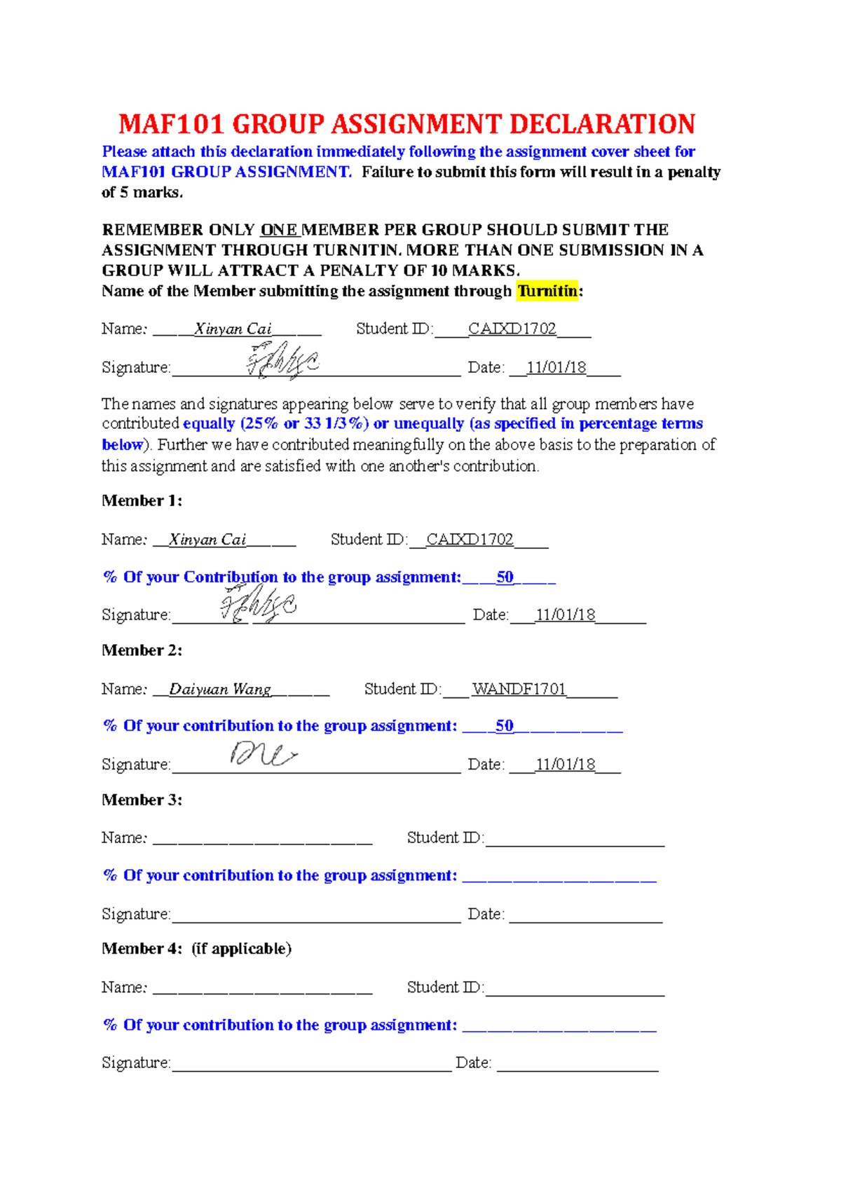Assignment Answers - MAF101 GROUP ASSIGNMENT DECLARATION Please attach ...