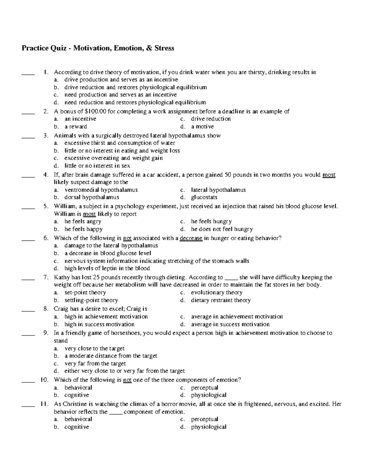 Practice quiz - motivation, emotion, & stress - Practice Quiz ...