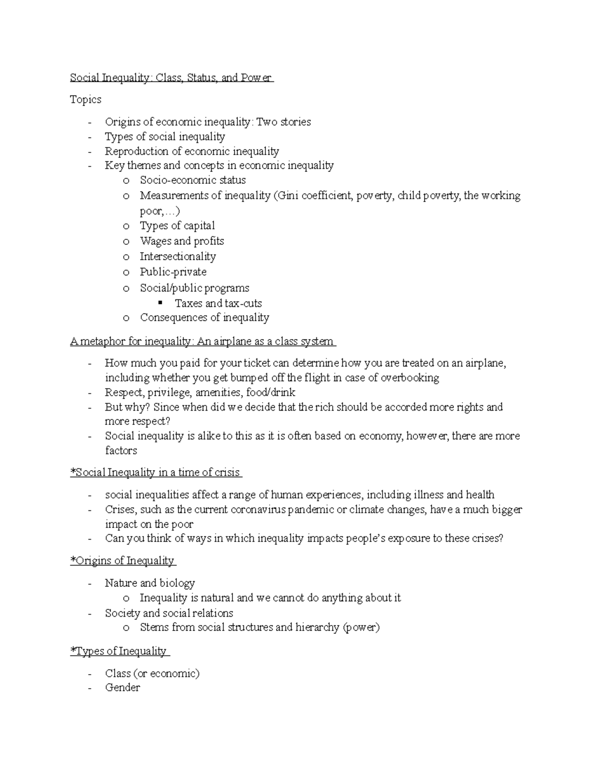 Social Inequality - Lecture and chapter Notes - Social Inequality ...