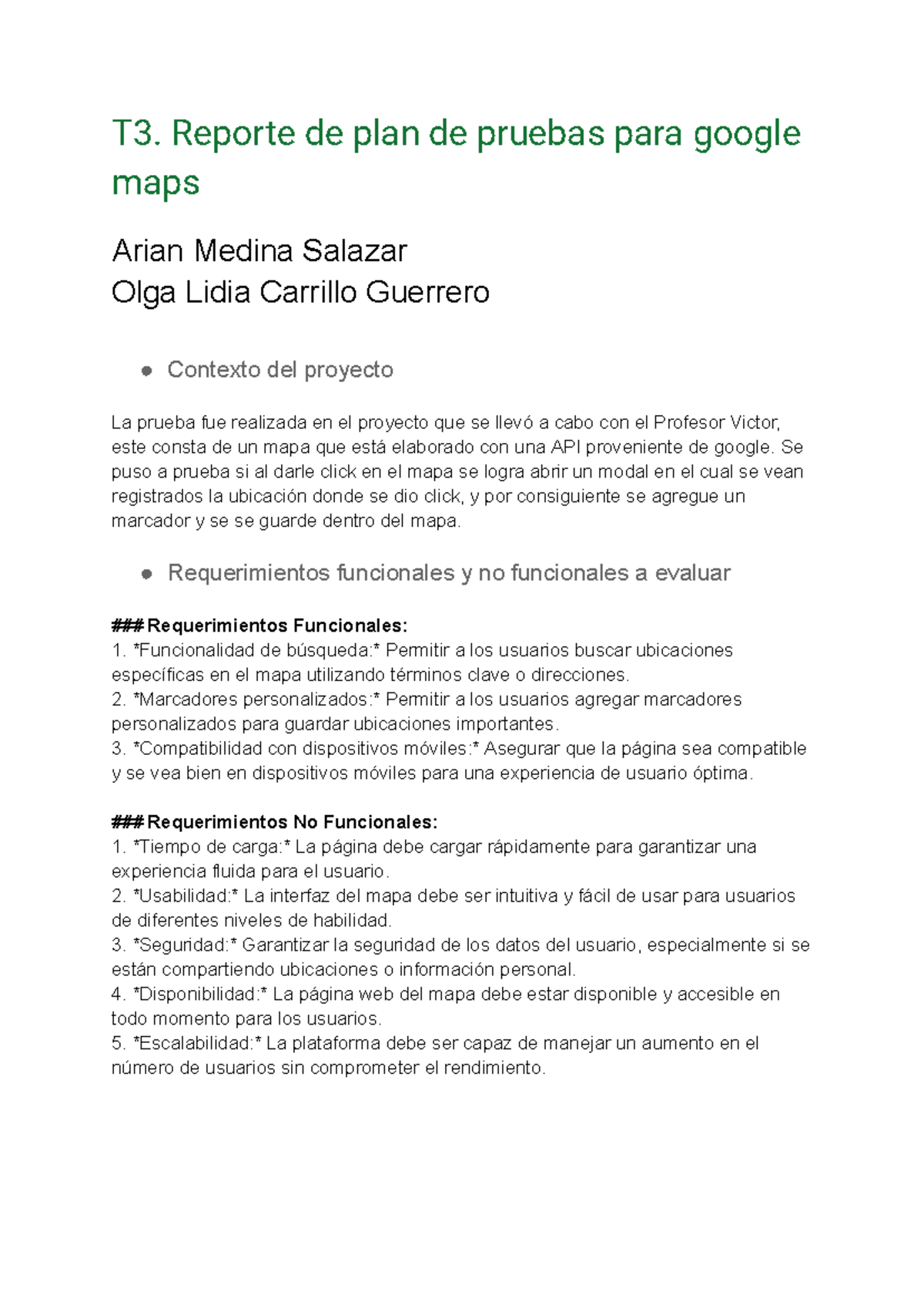 Arian Medina Salazar - T3. Reporte de plan de pruebas para google maps - T3. Reporte de plan de ...