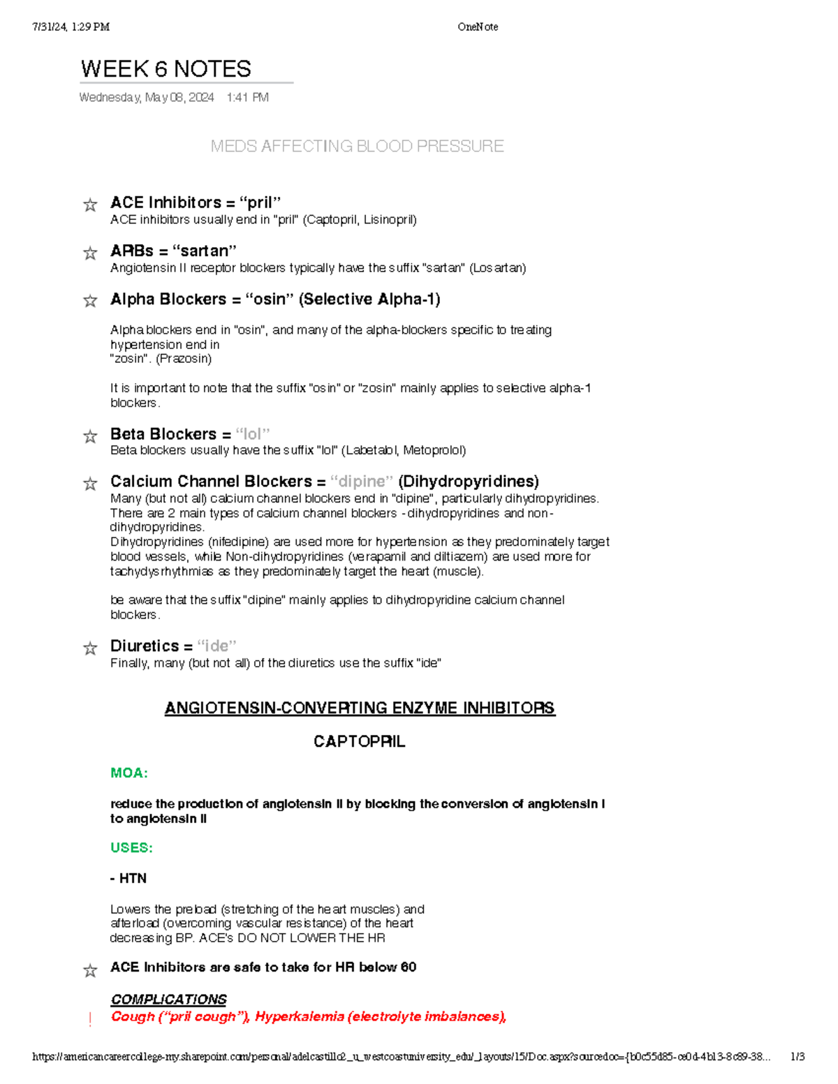 Pharm wk 6 - notes - WEEK 6 NOTES Wednesday, May 08, 2024 1:41 PM MEDS ...