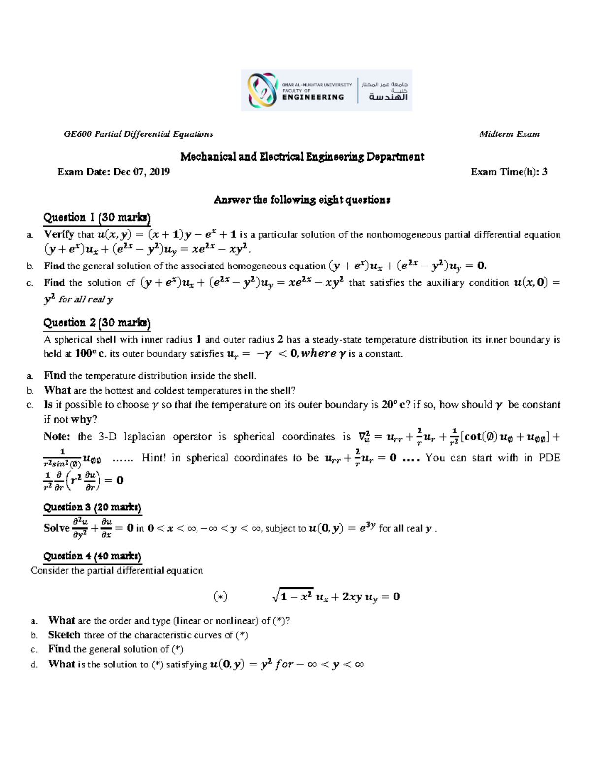 Midterm exam Fall 2019 - jkkk - GE600 Partial Differential Equations Midterm Exam Mechanical and ...