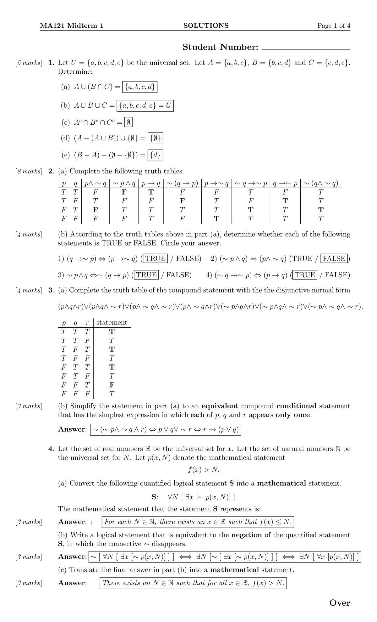 Solution MA121 W24 Test1 - Student Number: [5 marks] 1. Let U = {a, b ...