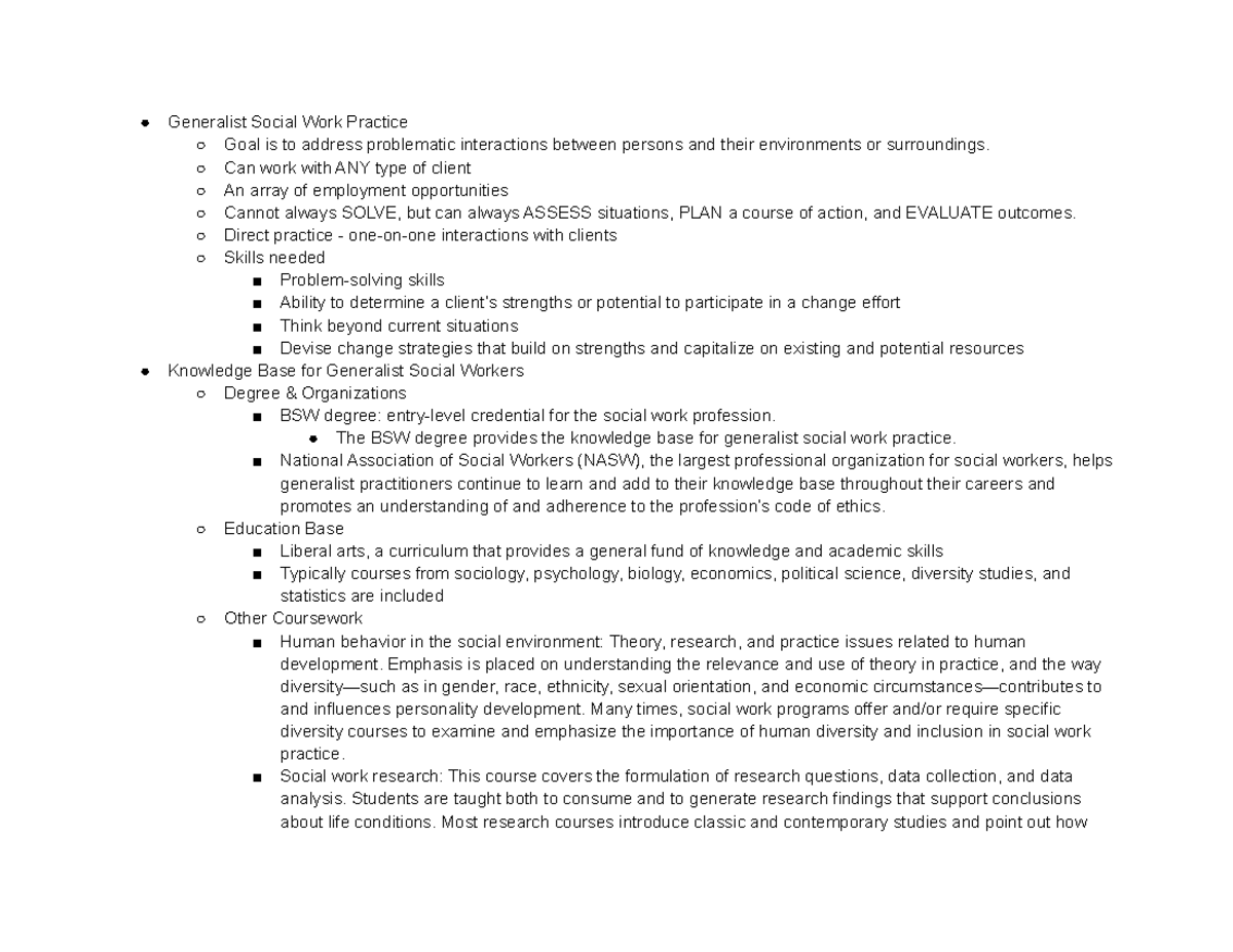 Chapter 3 Notes - Generalist Social Work Practice Goal is to address ...