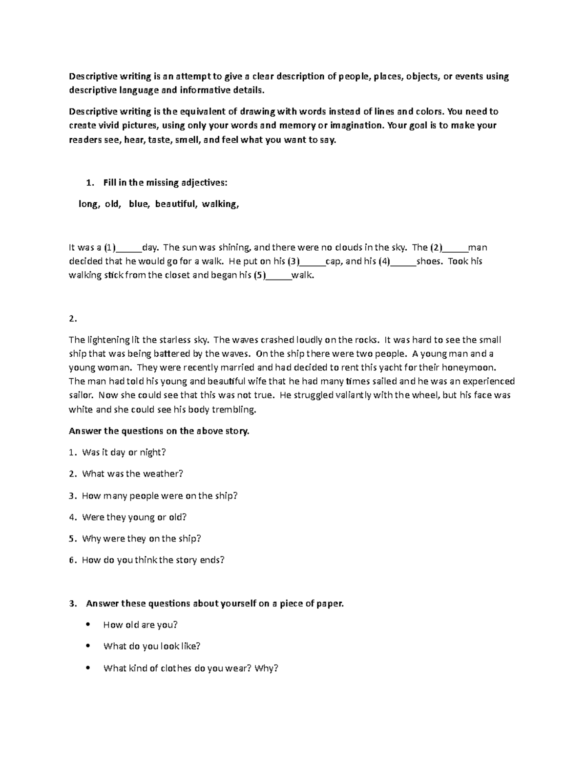 Descriptive writing exercise - Descriptive writing is an attempt to ...