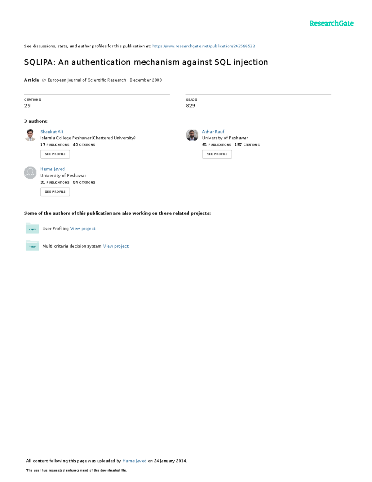 Sqlipa An Authentication Mechanism Against SQL Injection - See discussions, stats, and author ...