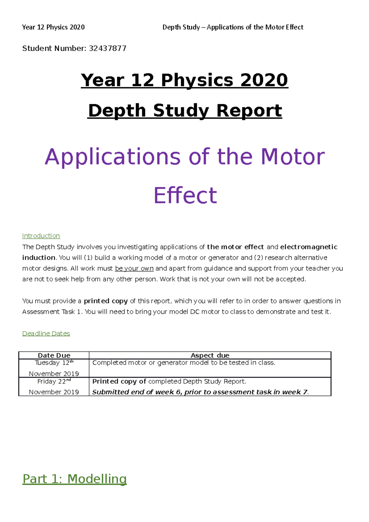 Physics DC Motor Depth Study - Student Number: 32437877 Year 12 Physics ...