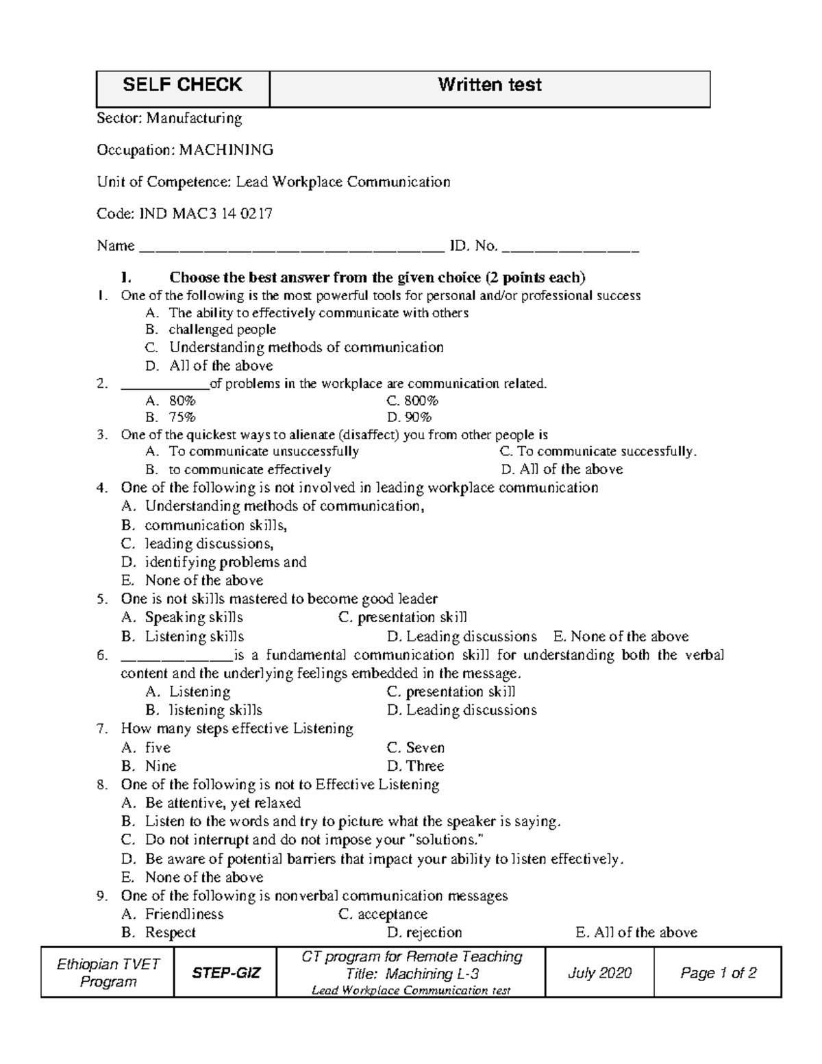 Exam Leading Workplace Communication Unit of Competence: Lead Workplace ...