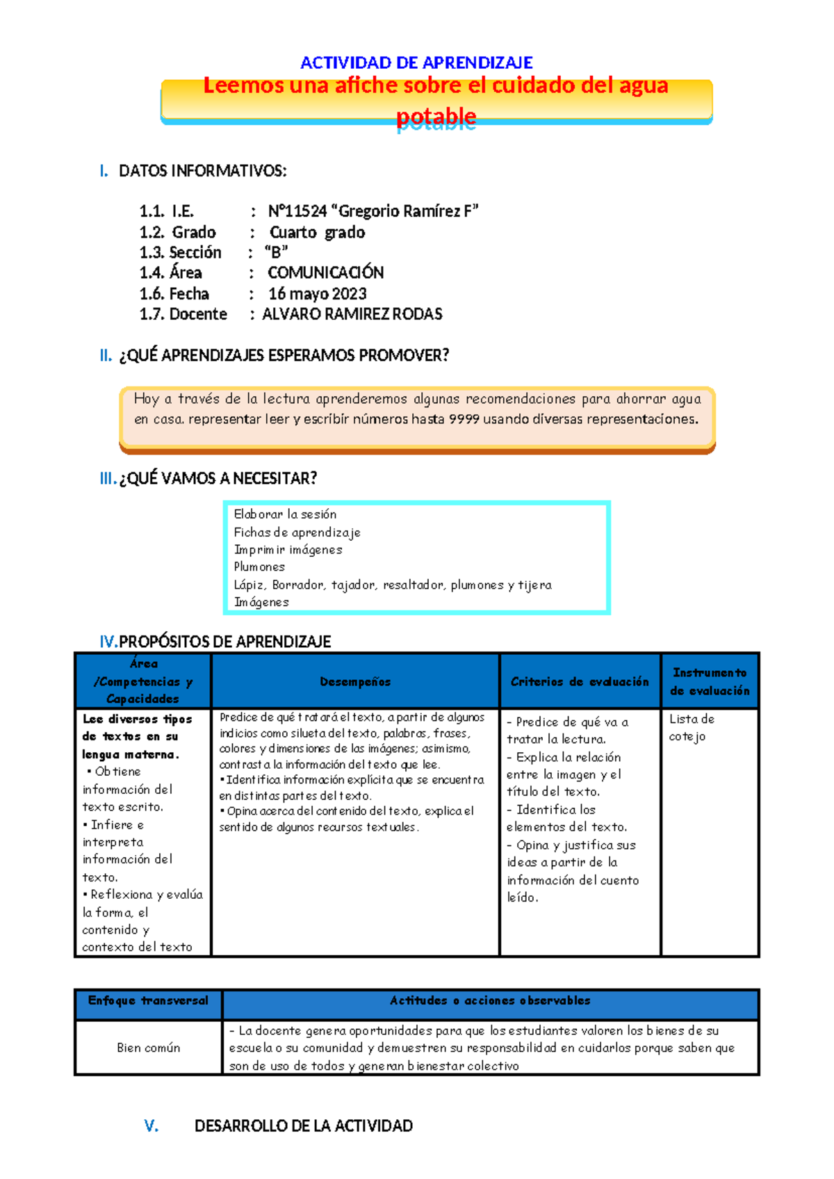 Sesión COM-16 mayo-leemos un afiche sobgre el cuidaddo agua - ACTIVIDAD ...