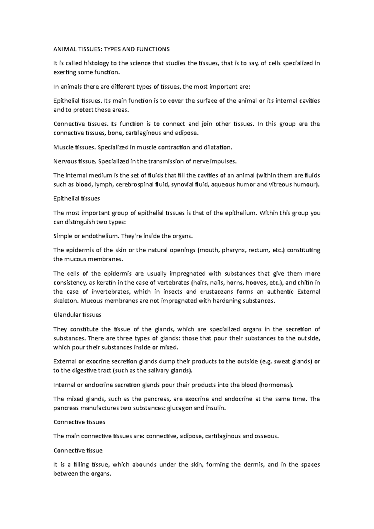 Animal Tissues - Lecture notes 1 - ANIMAL TISSUES: TYPES AND FUNCTIONS ...
