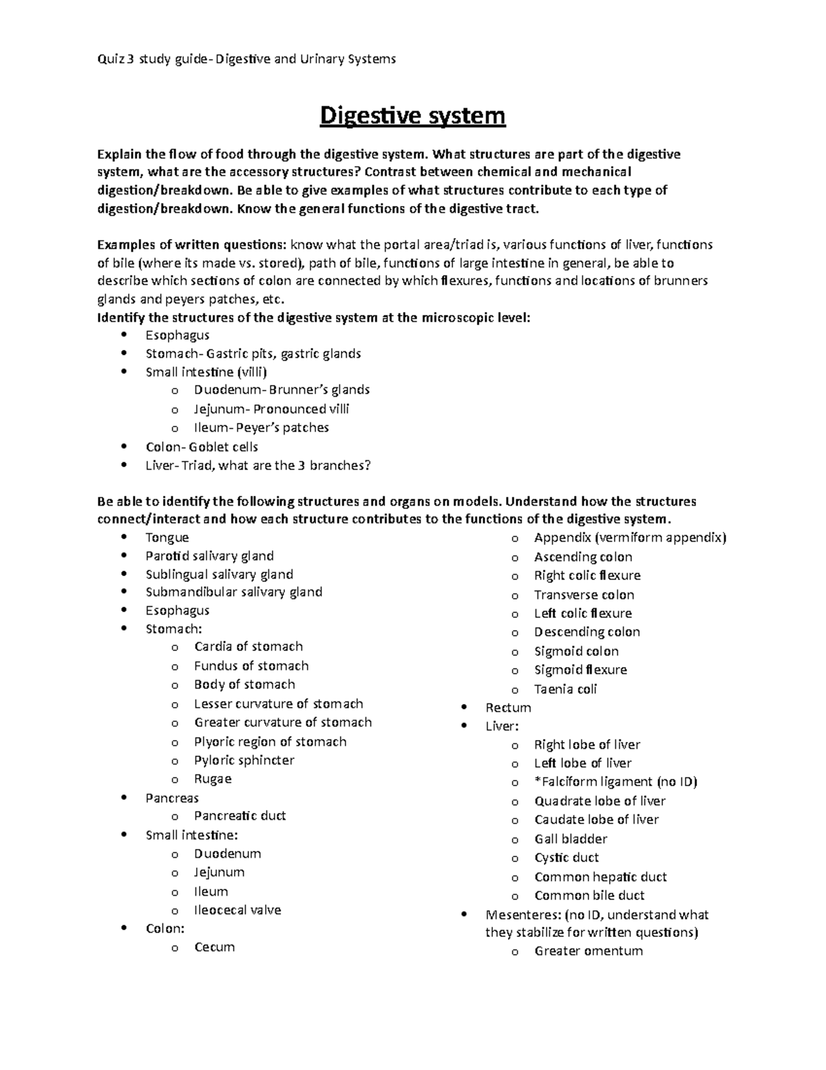 Quiz 3 study guide Sp23 - Quiz 3 study guide- Digestive and Urinary ...