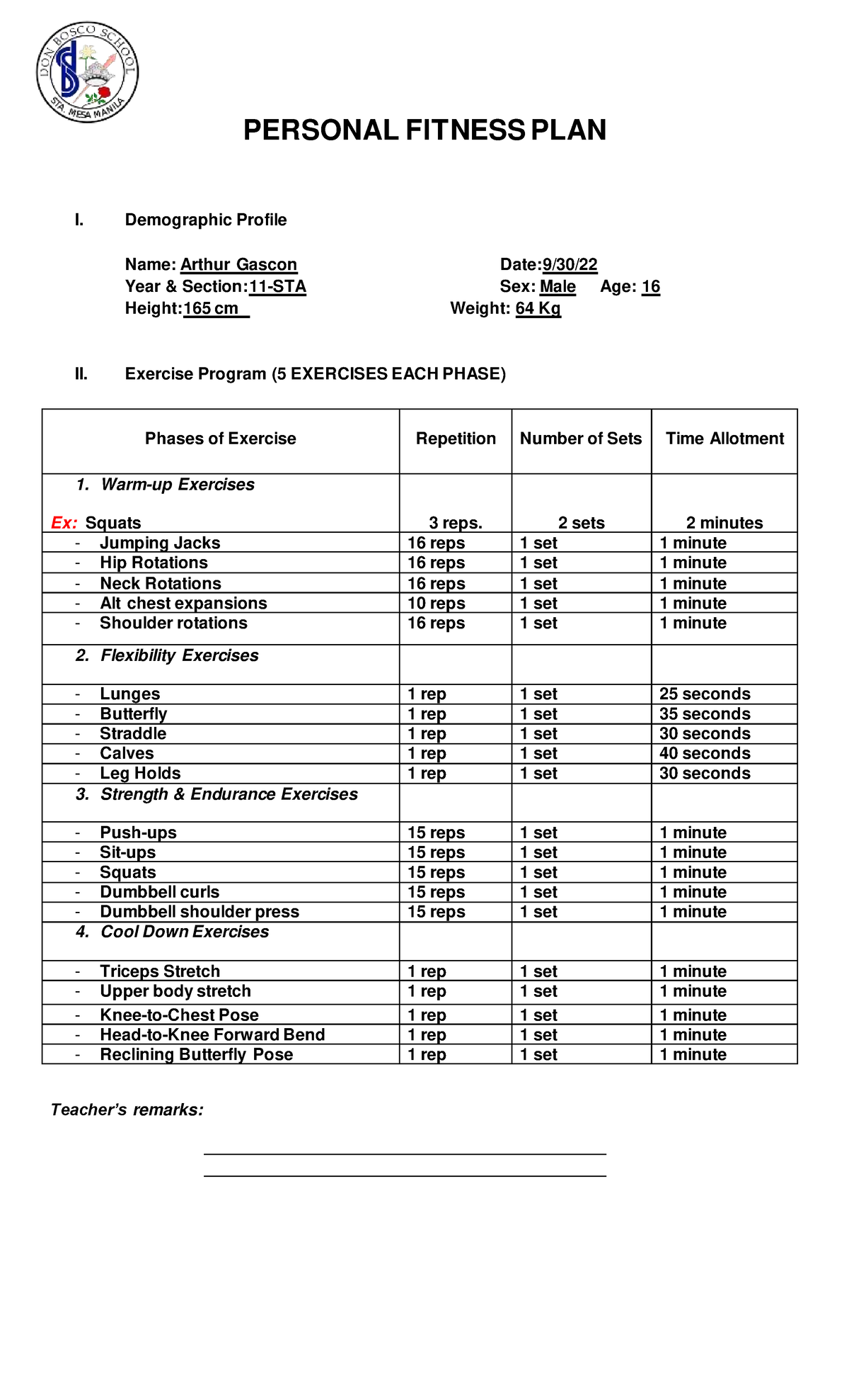 workoutddddddd - PERSONAL FITNESS PLAN I. Demographic Profile Name ...
