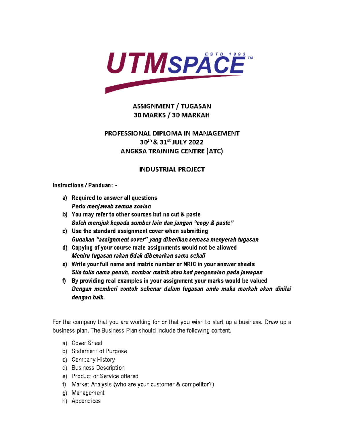Assignment Industrial Project- April 2022 - ASSIGNMENT / TUGASAN 30 ...