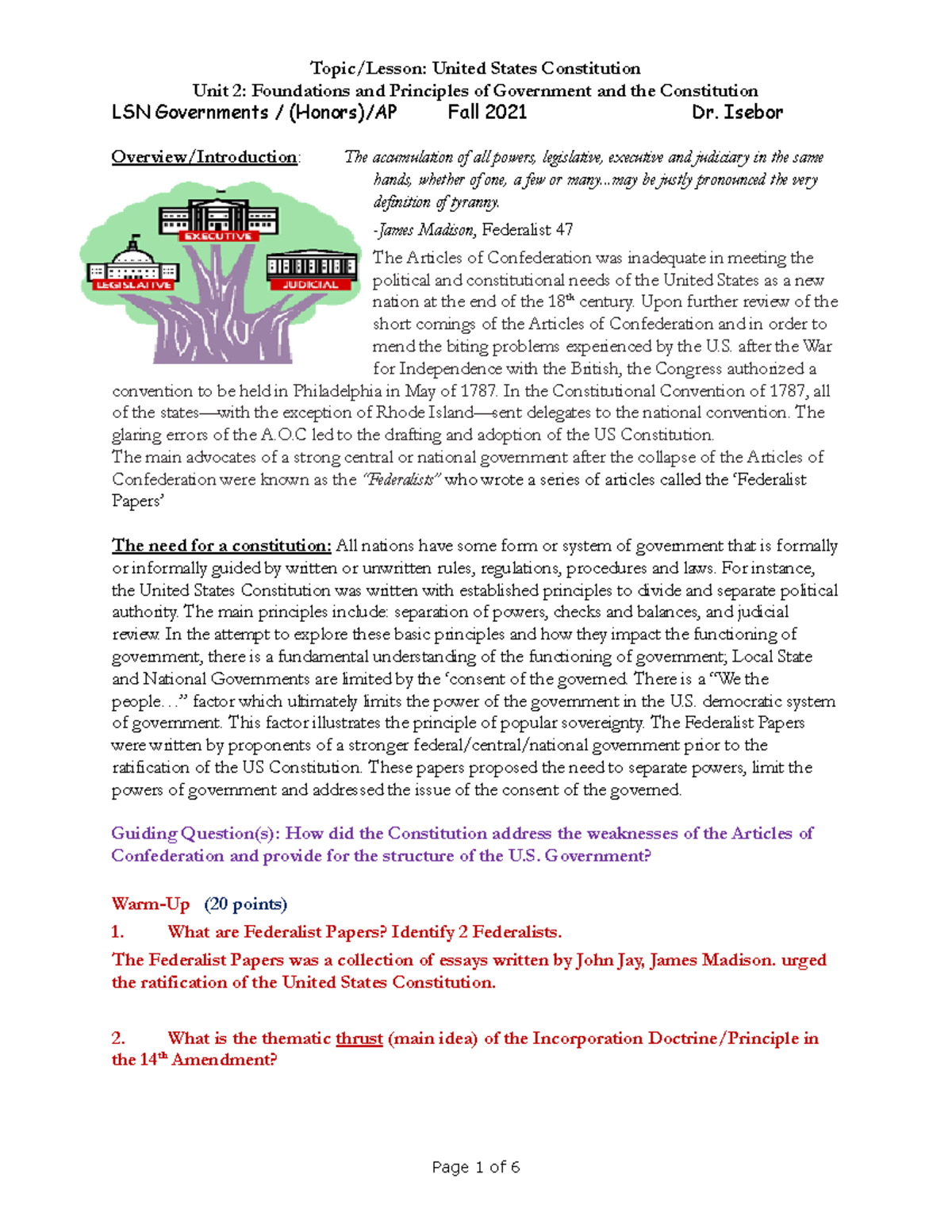 United States Constitution -Fall 2021 - Unit 2: Foundations and ...