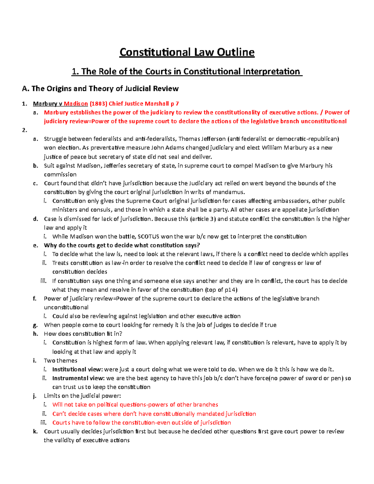 Con Law Outline-Stephan - Constitutional Law Outline 1. The Role of the ...