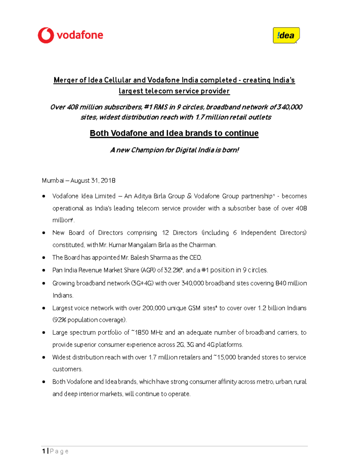 VILBegins Operations - Vi merger - Merger of Idea Cellular and Vodafone ...