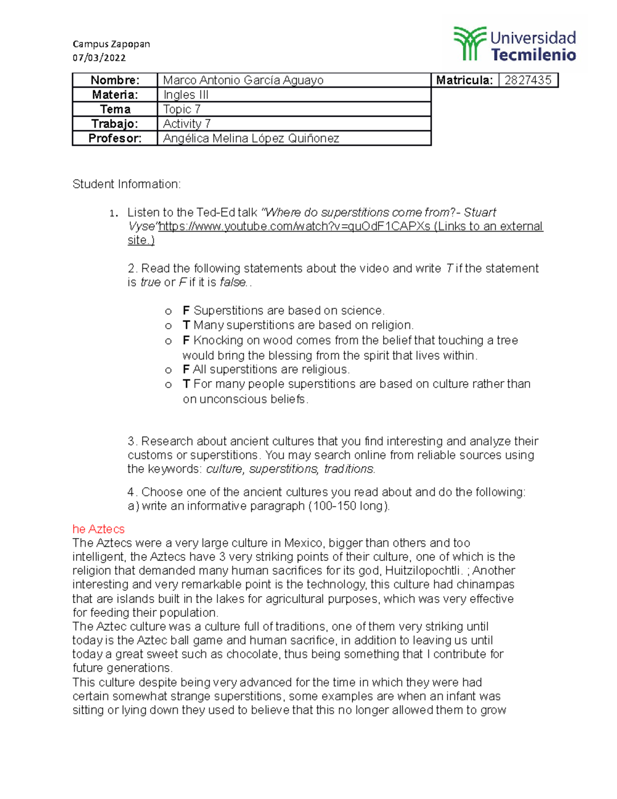 Activity 7 - Trabajo Tecmilenio 2021/2022 - Campus Zapopan 07/03 ...