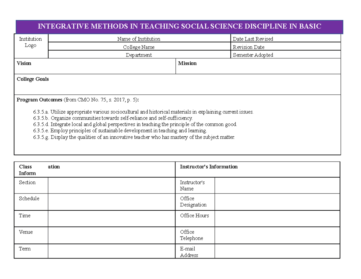 SSE117- Syllabus - Institution Logo Name of Institution Date Last ...