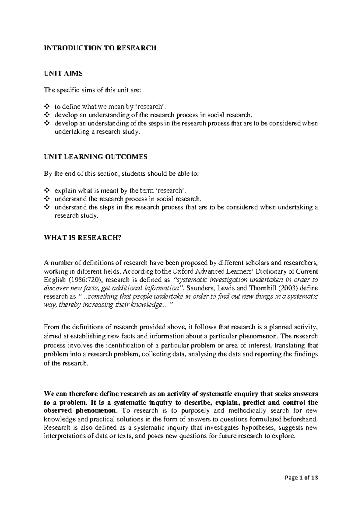 Introduction to research - INTRODUCTION TO RESEARCH UNIT AIMS The ...