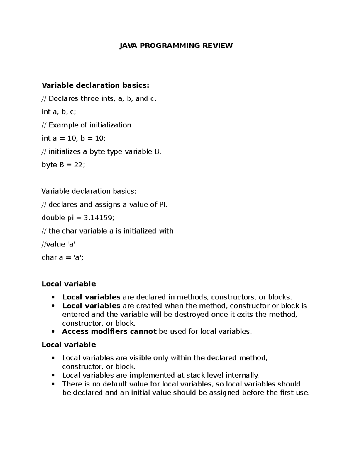 Java Programming Reviewer - JAVA PROGRAMMING REVIEW Variable ...