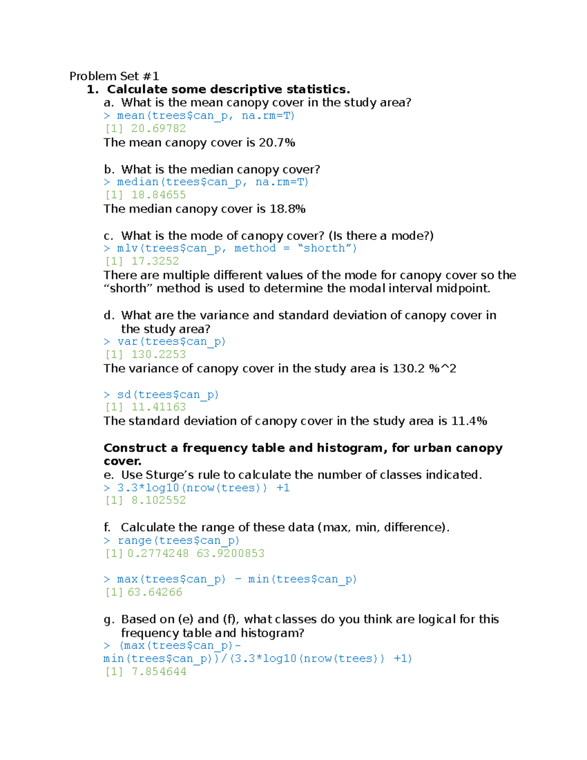 Probset 1 - Problem Set # 1. Calculate some descriptive statistics. a ...