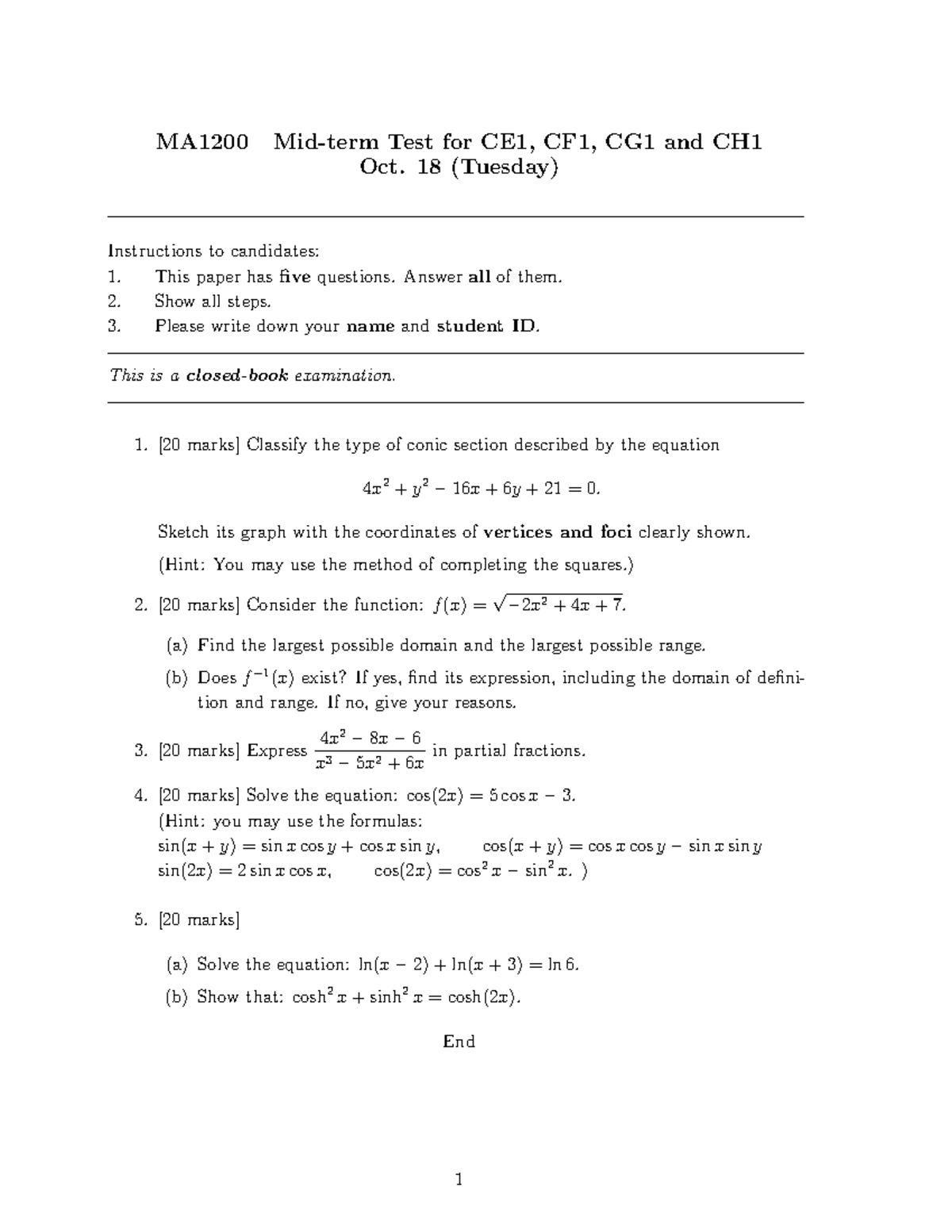 MA1200 Midterm-2022 - MA1200 Mid-term Test for CE1, CF1, CG1 and CH Oct ...
