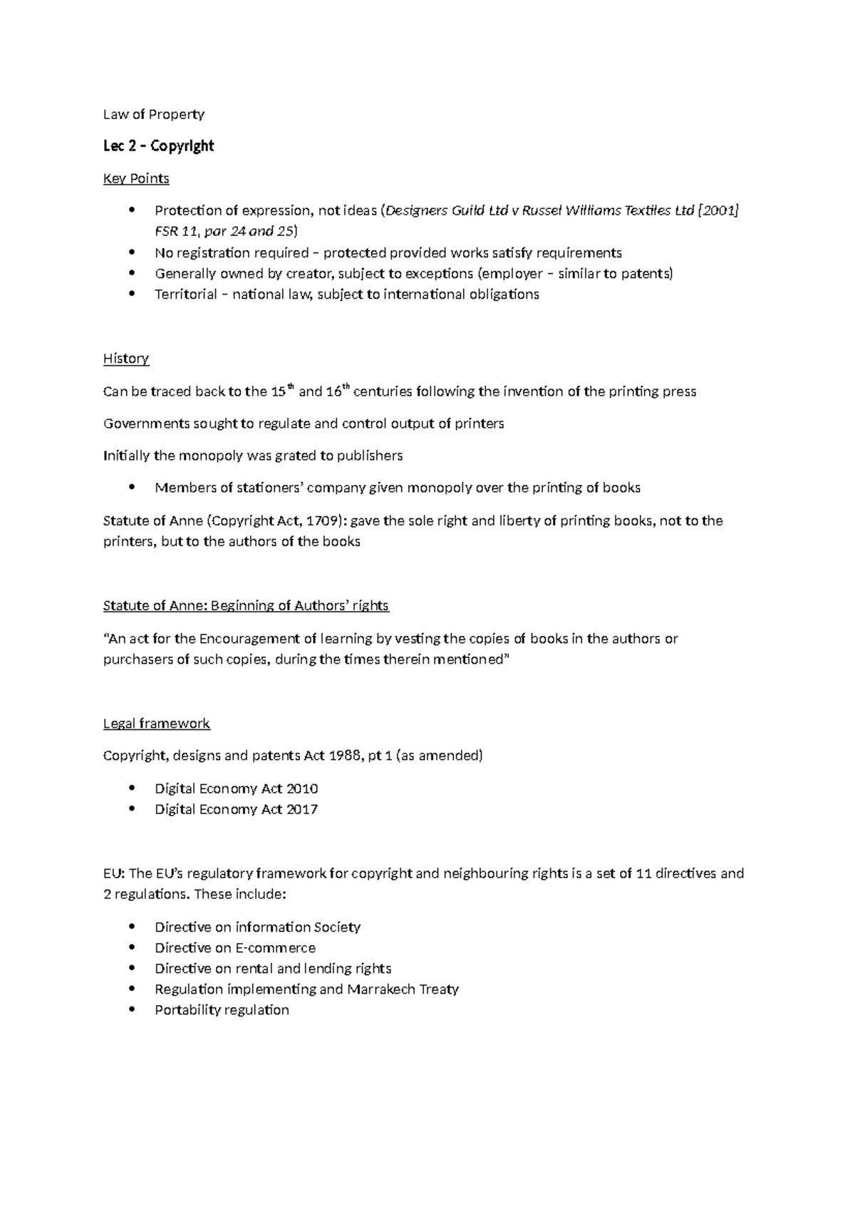 Lec 1 - copyright - Lec1 notes - Law of Property Lec 2 – Copyright Key ...
