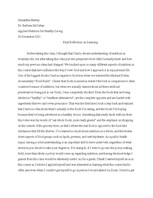 Personal Reflection on Learning - Samantha Murray Dr Applied Nutrition ...