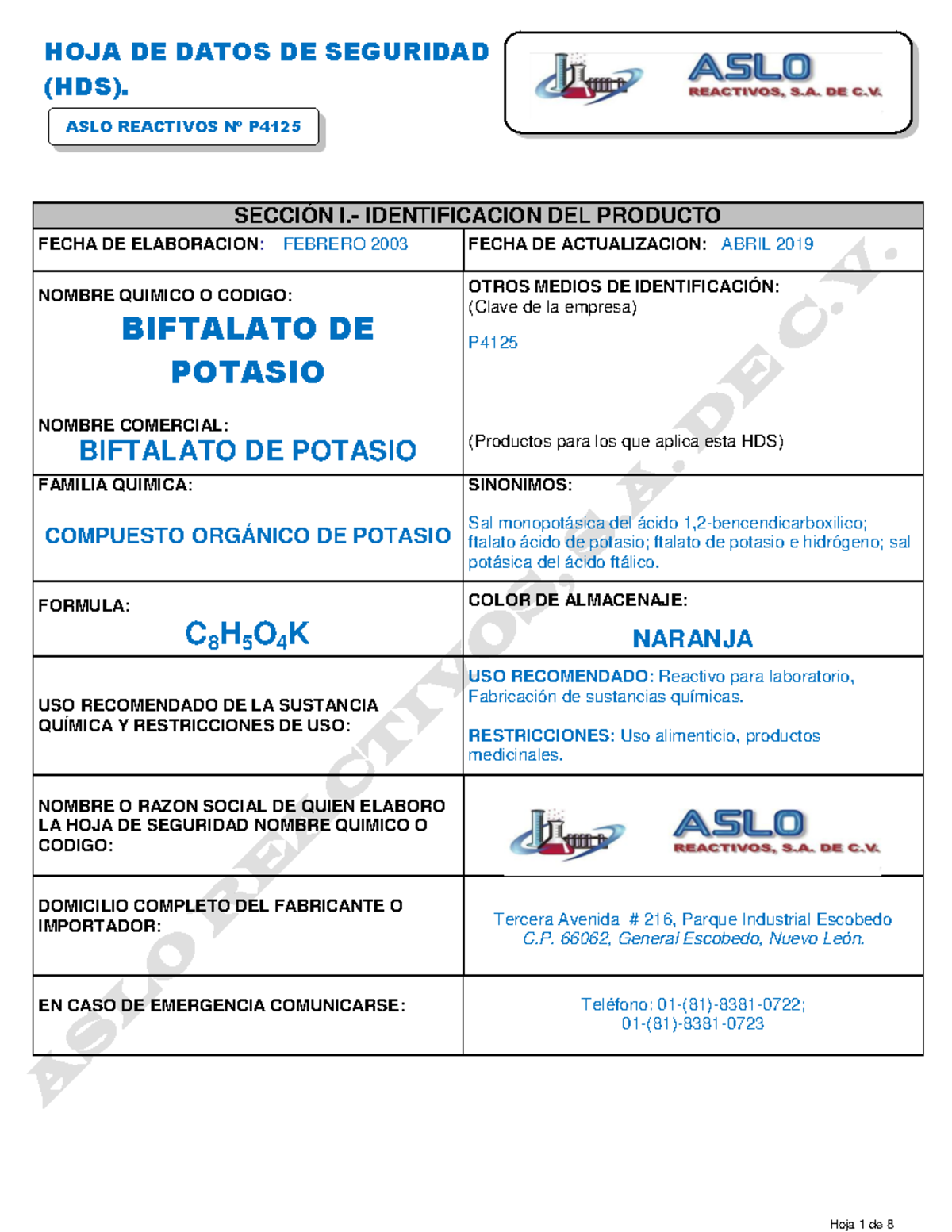 Hoja seguridad p4125 potasio biftalato - (HDS). ASLO REACTIVOS Nº P ...