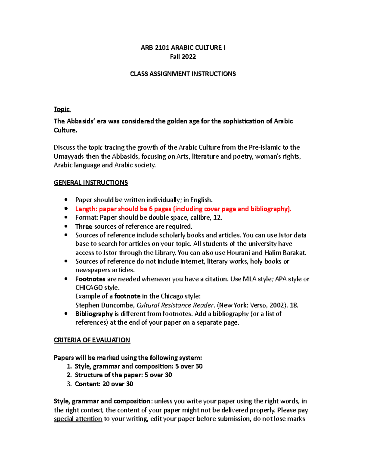 Assignment ARB 2101 Arabic Culture I - ARB 2101 ARABIC CULTURE I Fall ...