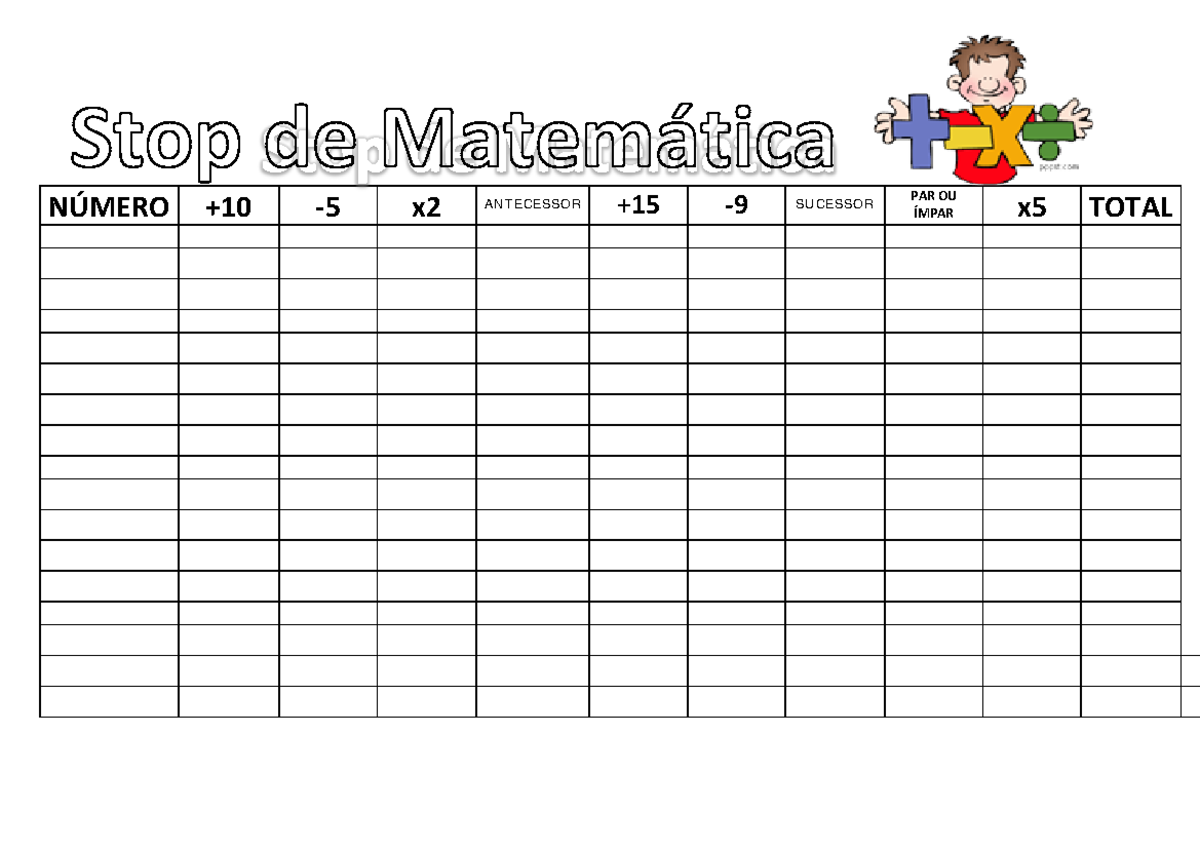 STOP DE Matemática - Atividades de revisão e fixação - NÚMERO +10 - 5 x ...