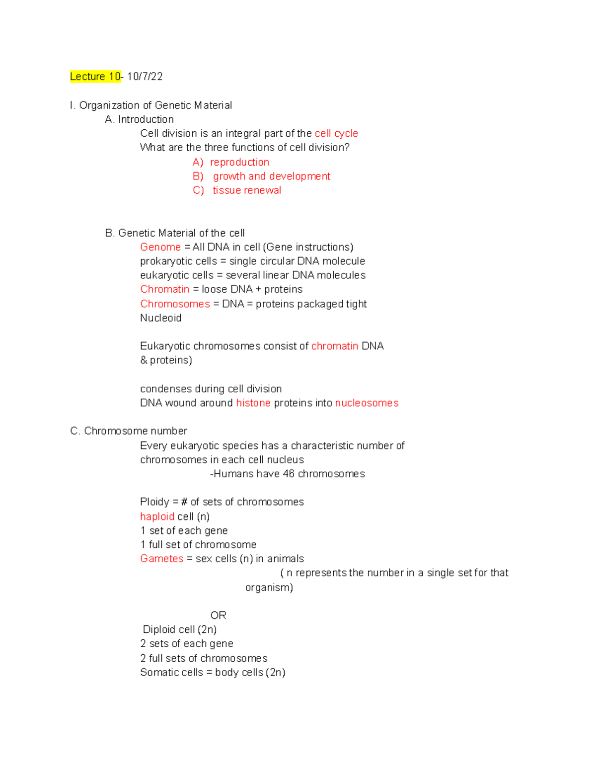 Copy of 2 Gen Bio notes - Lecture 10- 10/7/ I. Organization of Genetic ...