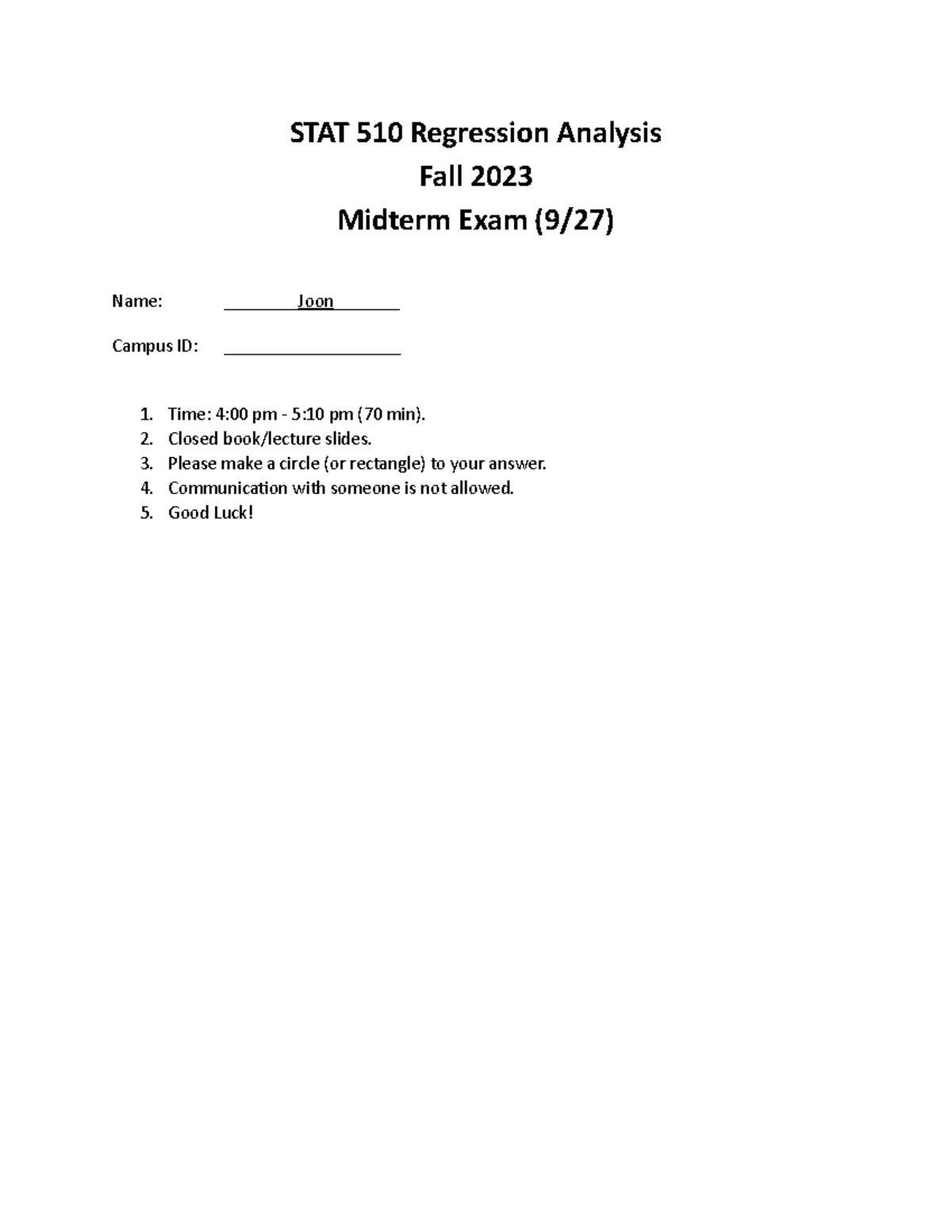 Stat510 Midterm 1 Solution Stat 510 Regression Analysis Fall 2023 Midterm Exam 9 27 Name