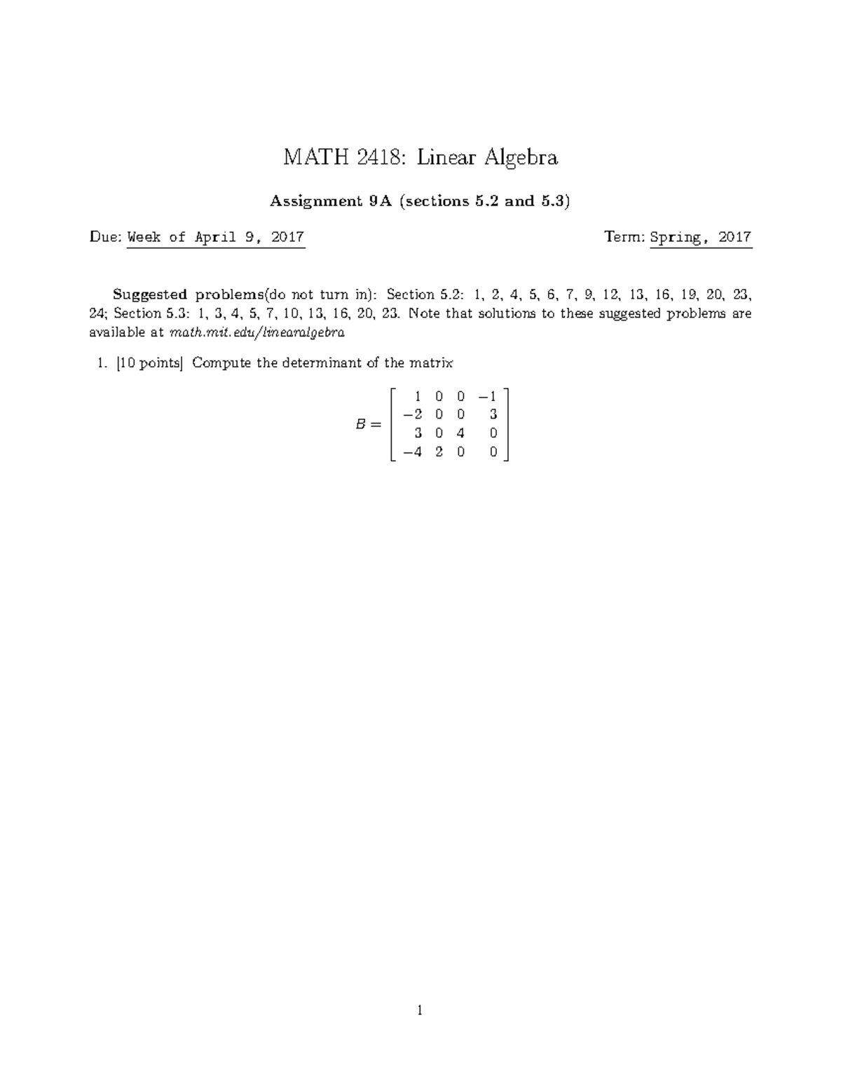 Assignment 9A (Lin Algebra) - MATH 2418: Linear Algebra Assignment 9A ...