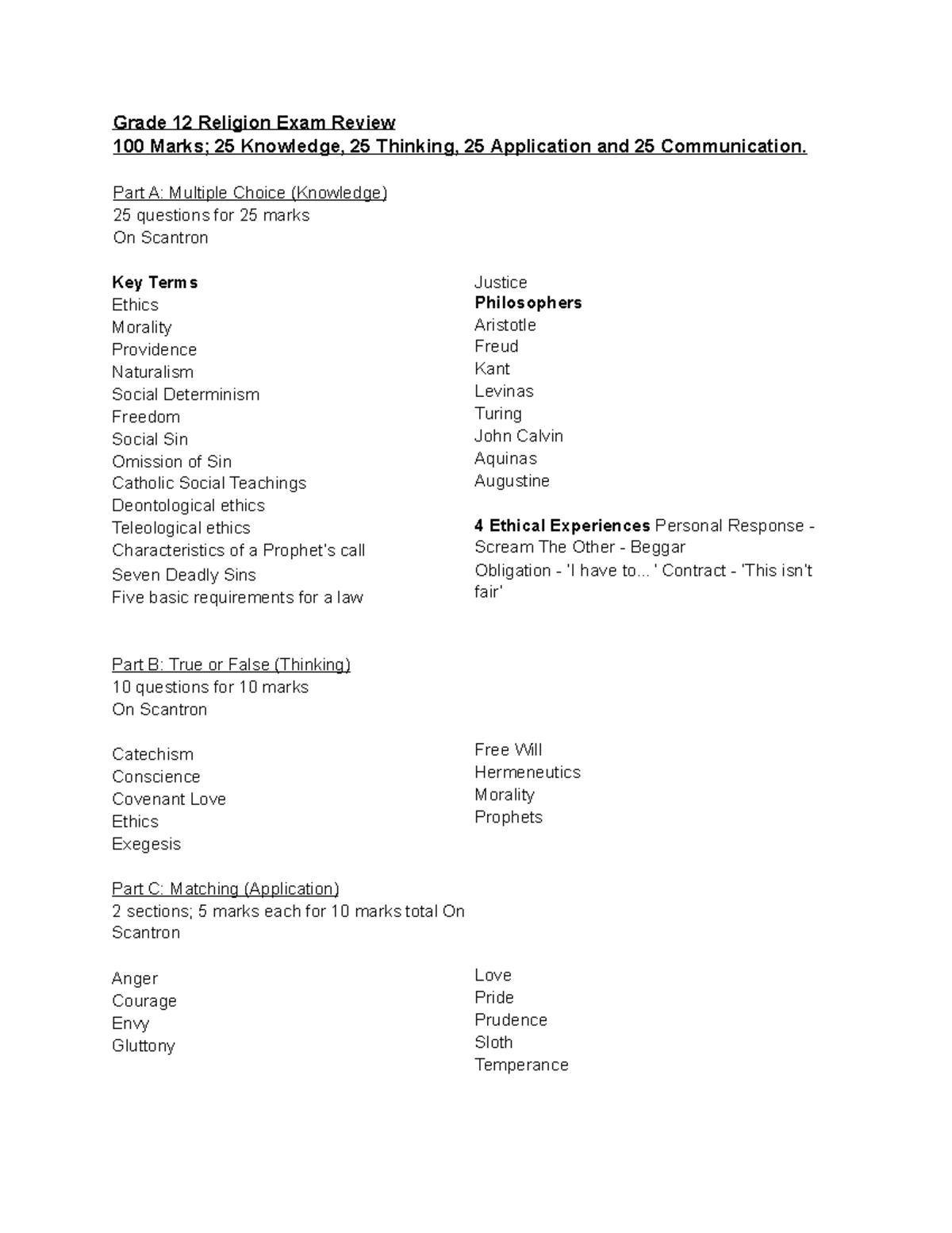 Grade 12 Religion Exam Review - Grade 12 Religion Exam Review 100 Marks ...