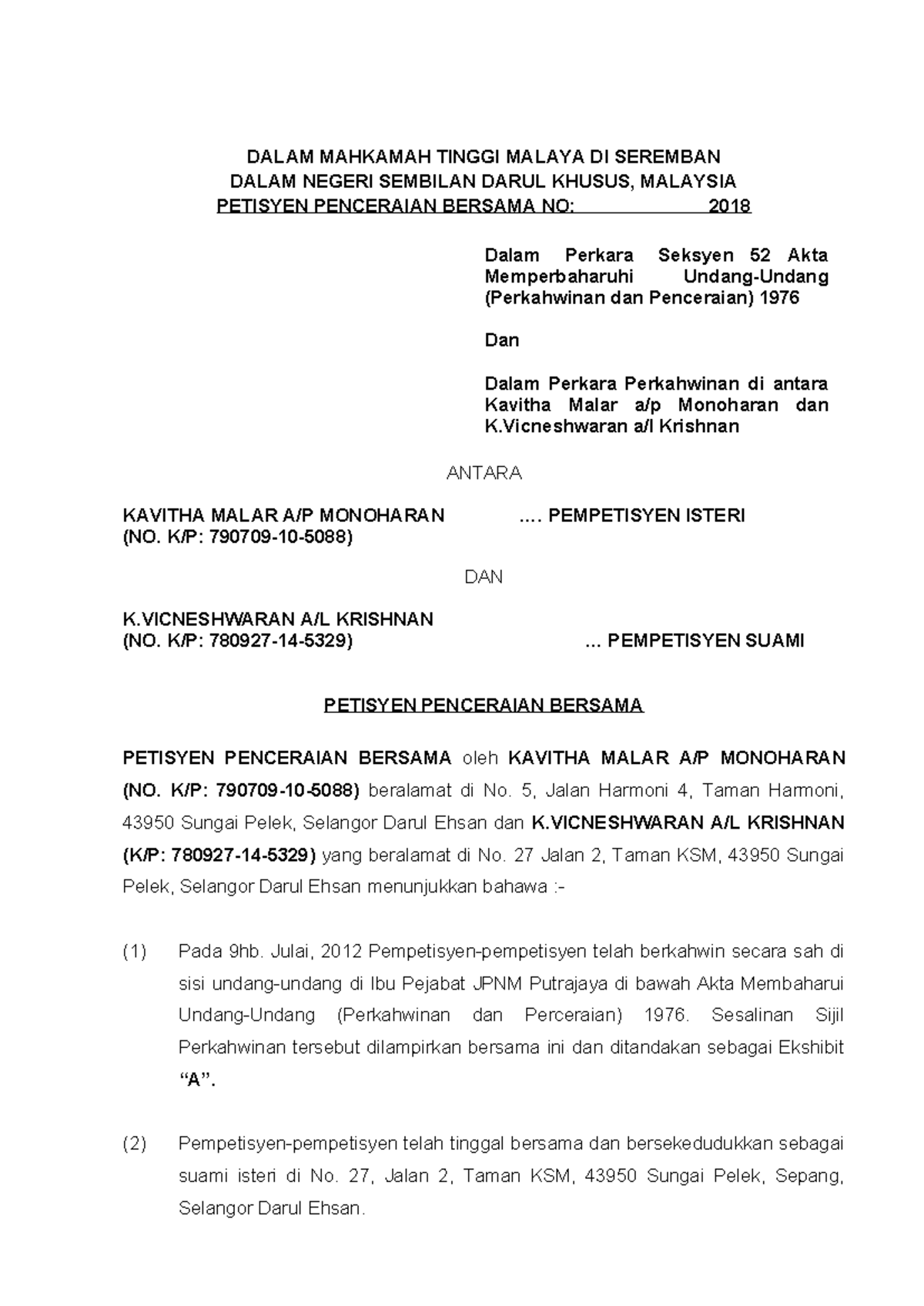 Petisyen Perceraian Bersama 3.7.2018 - DALAM MAHKAMAH TINGGI MALAYA DI ...