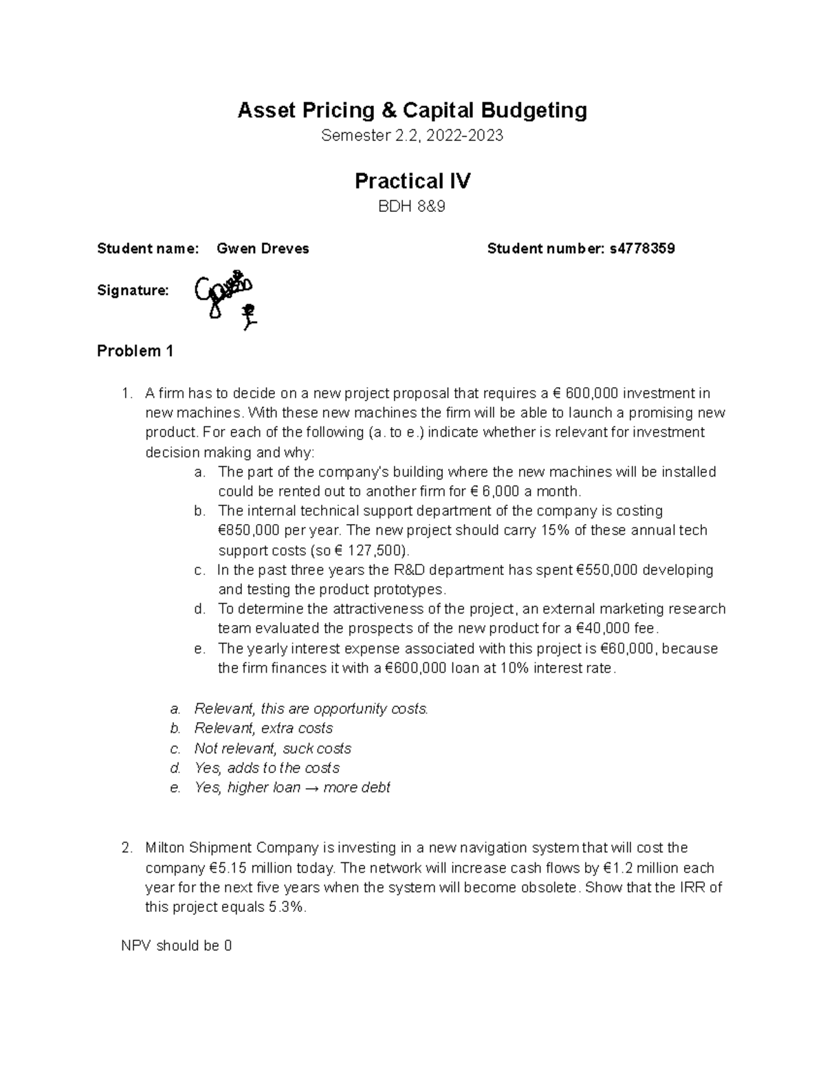 AP&CB practical 4 - Asset Pricing & Capital Budgeting Semester 2, 2022 ...