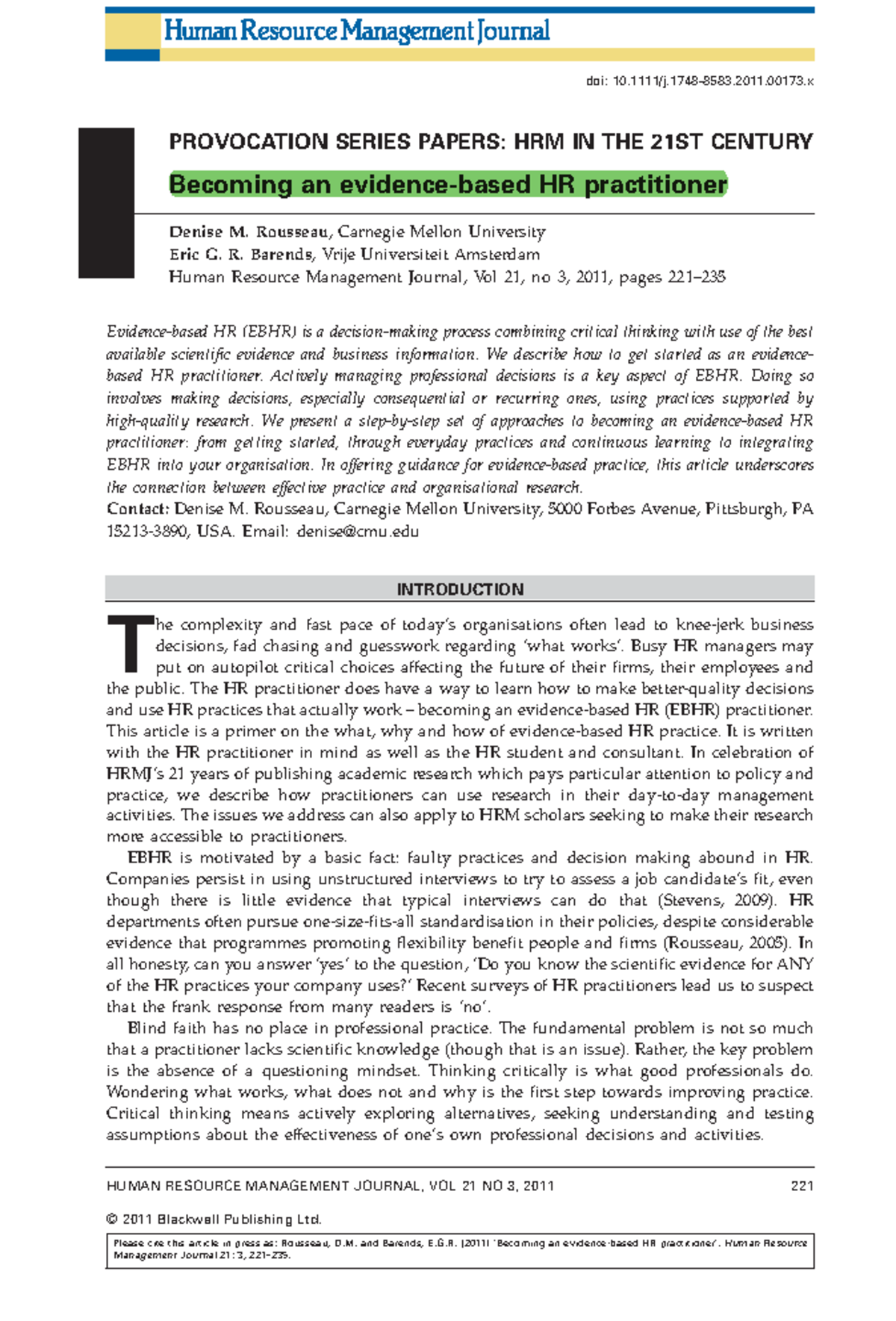 Rousseau - Barends (2011 ) - PROVOCATION SERIES PAPERS: HRM IN THE 21ST ...