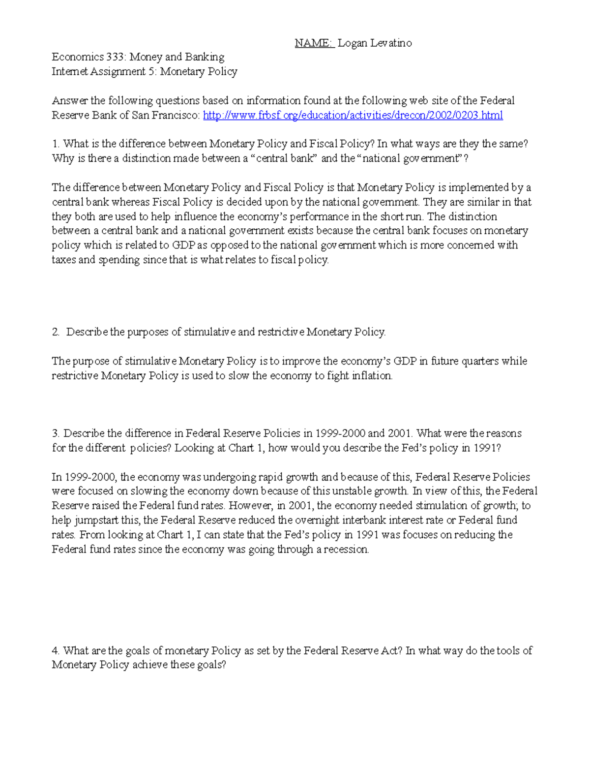 Internet Assignment 5-Econ 333 - NAME: Logan Levatino Economics 333 ...