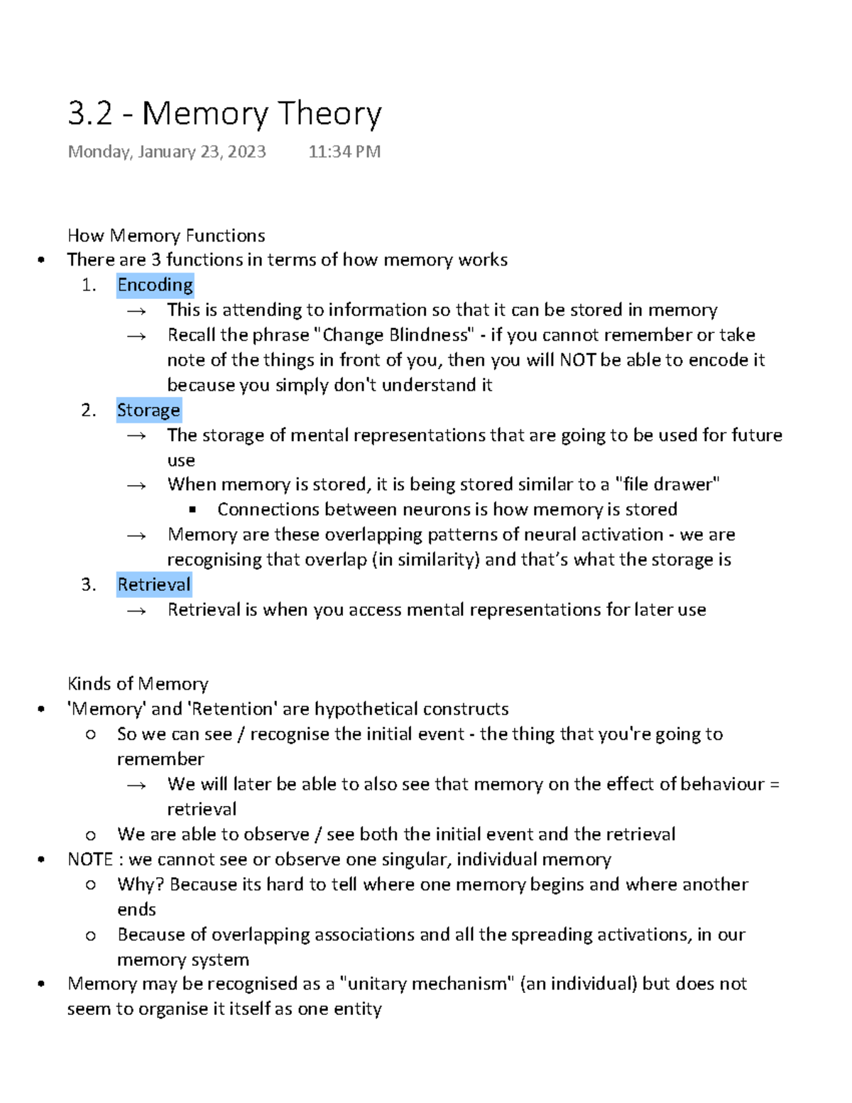 3.2 - Memory Theory - Week 3 Psych of Thinking - How Memory Functions ...