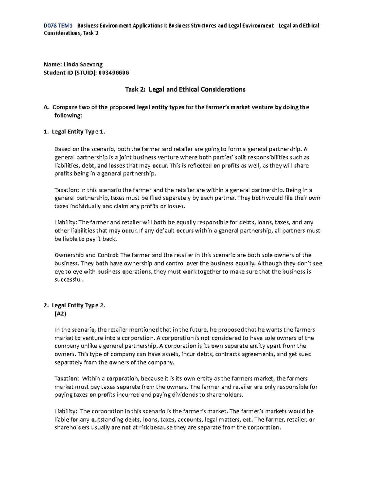 D078 Task 2 - PASSED TASK 2 - D078 TEM1 - Business Environment ...