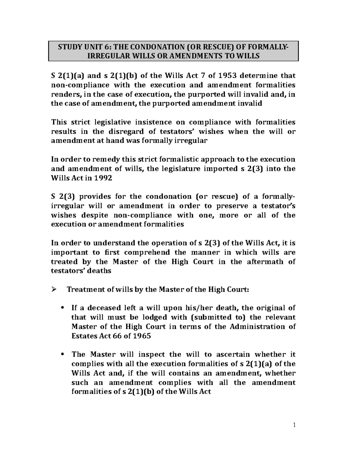 LAW OF Succession Study UNIT 6 - STUDY UNIT 6: THE CONDONATION (OR ...