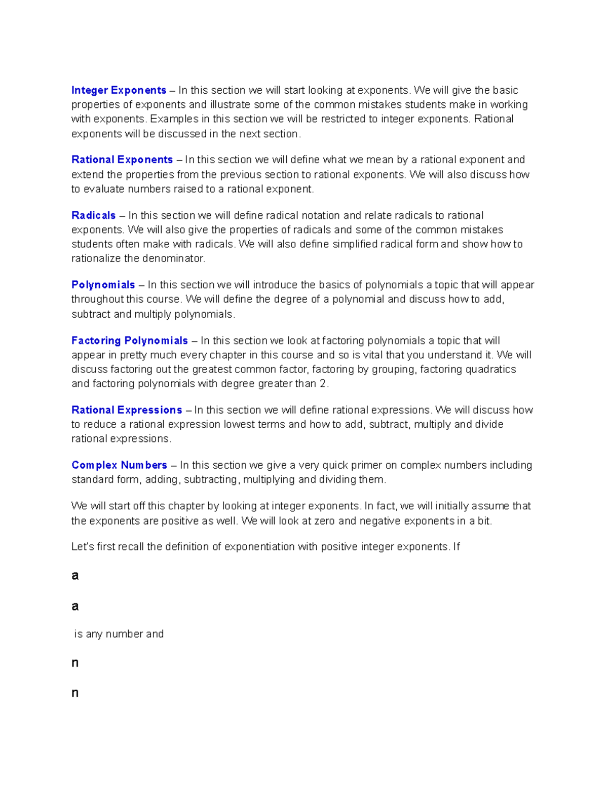 Integer Exponents - We will give the basic properties of exponents and ...
