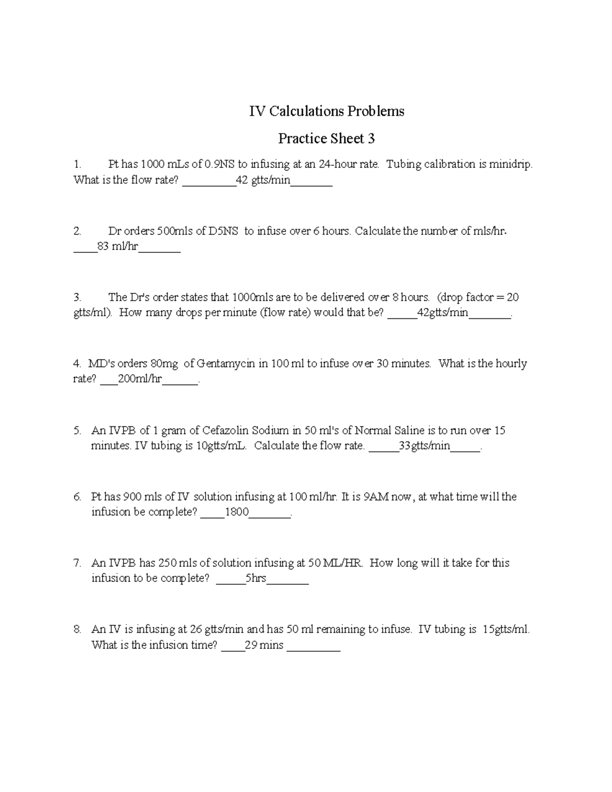 Nur 102 IV Calculations Practice sheet 3- Answers - IV Calculations ...