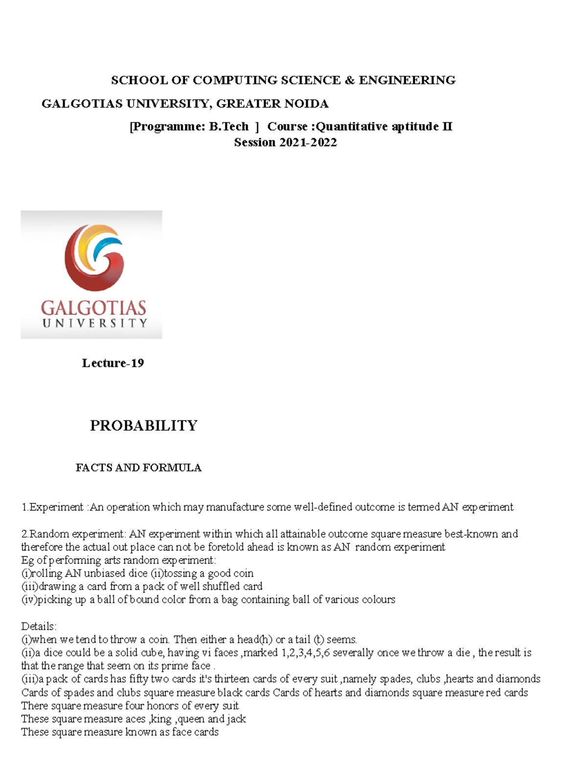 Quantitative aptitude lecture 19 @ Galgotias university - SCHOOL OF COMPUTING SCIENCE & - Studocu