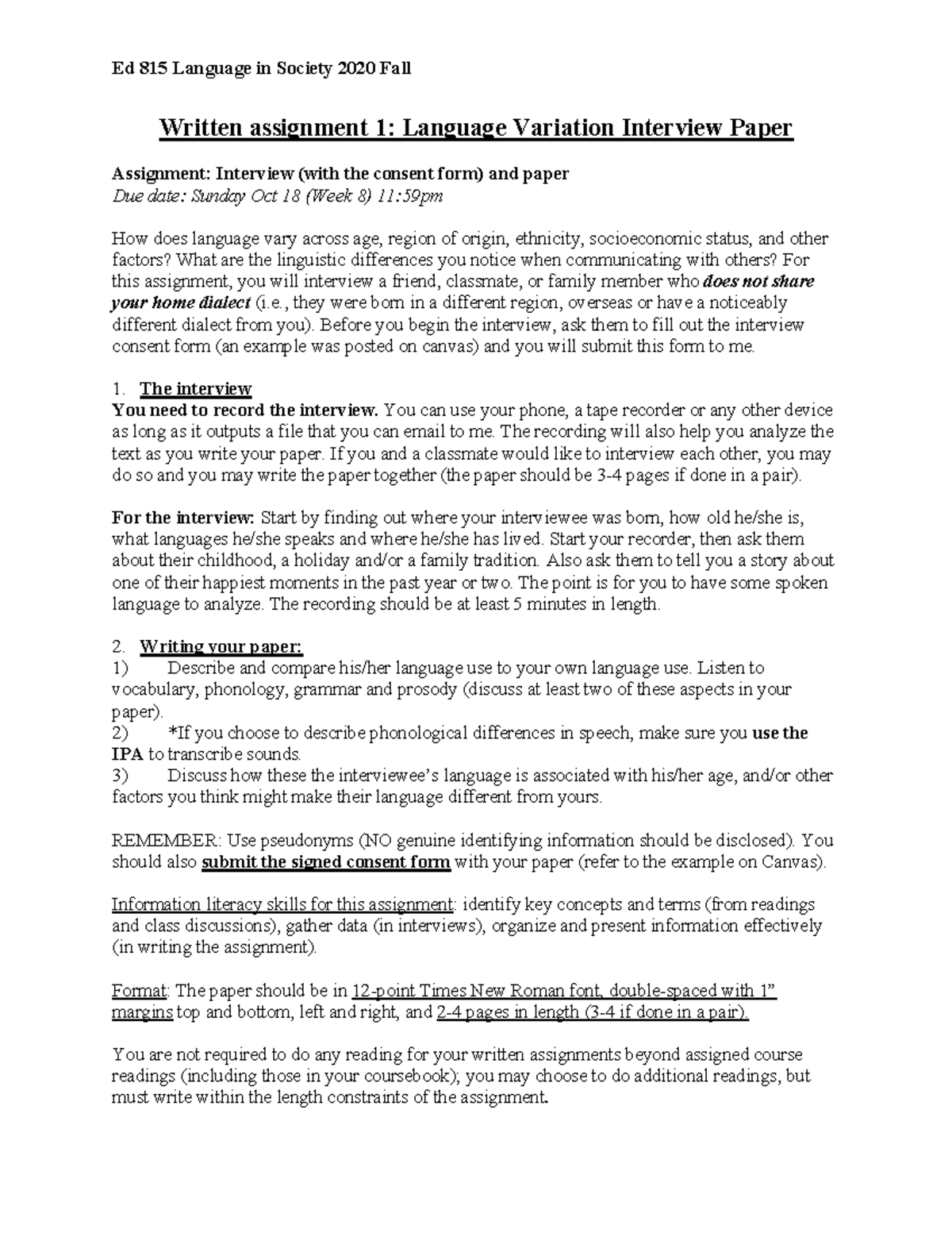 1. ED 815 Interview - notes - Ed 815 Language in Society 2020 Fall ...