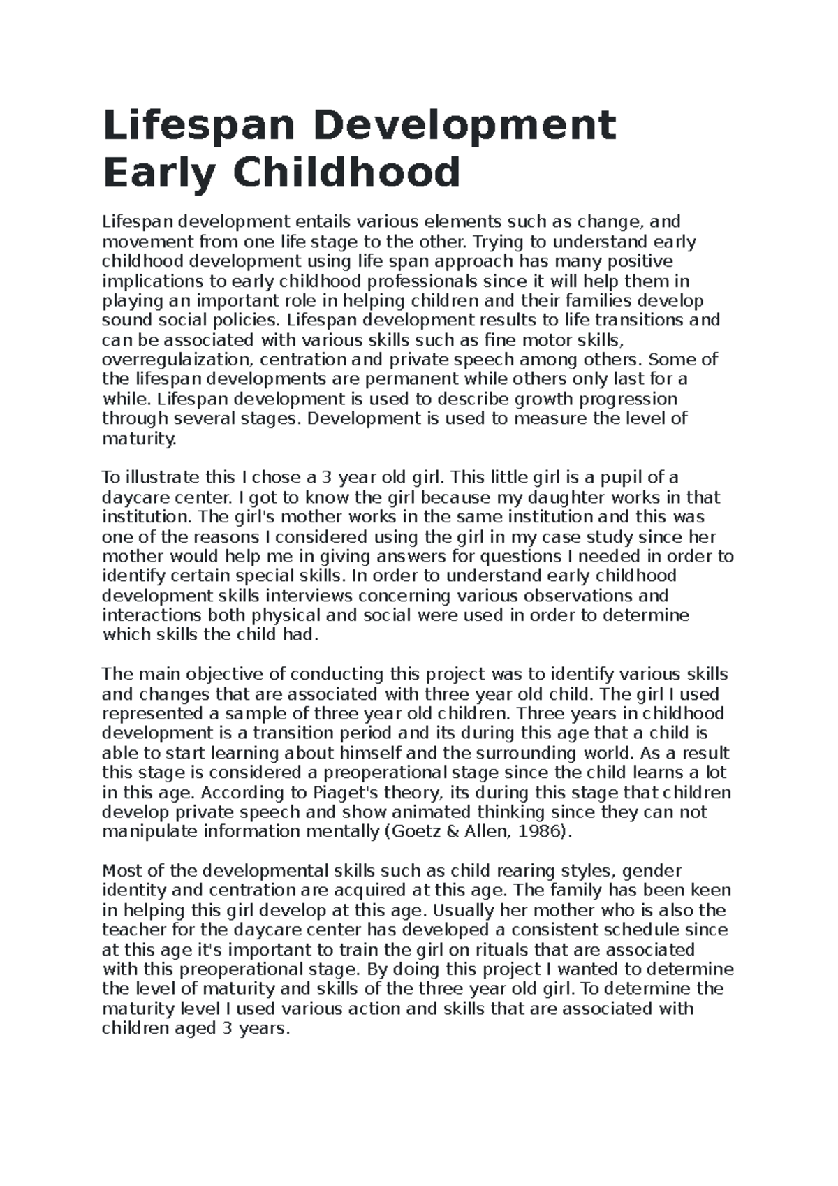 Lifespan Development Early Childhood - Lifespan Development Early ...