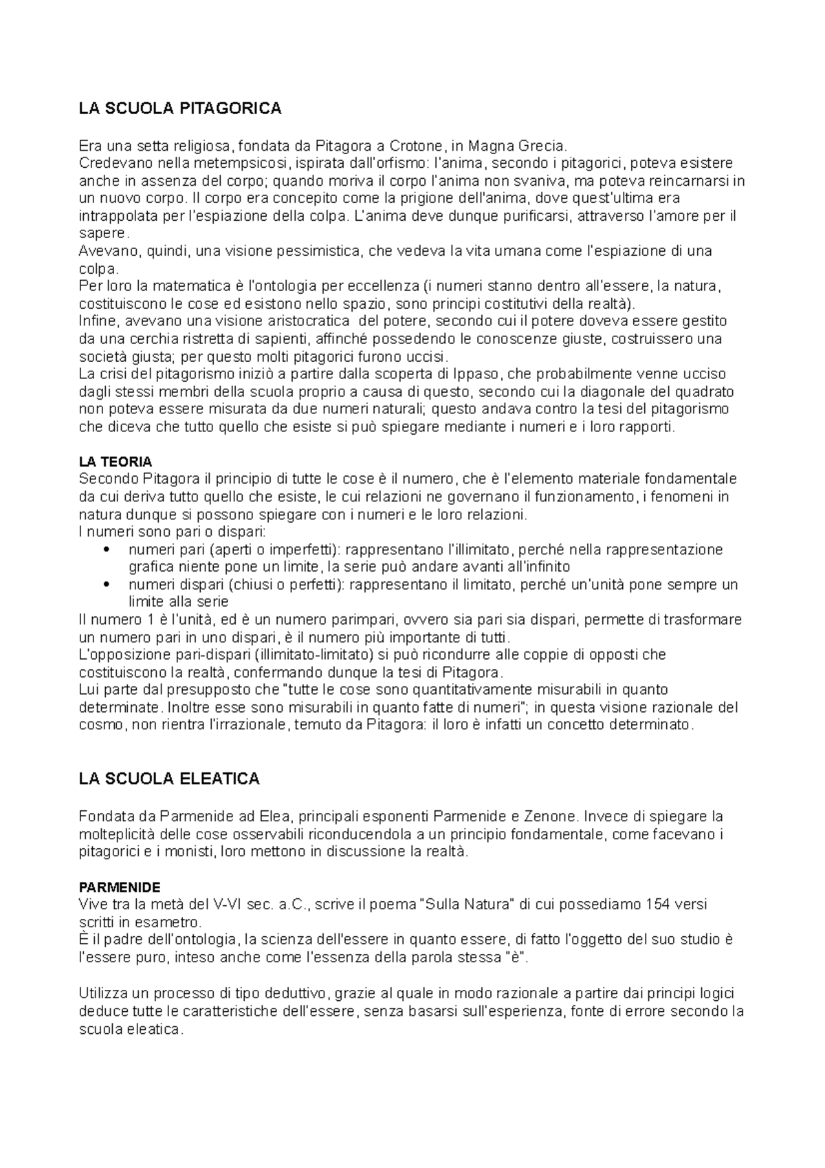 La scuola pitagorica ed eleatica; i fisici pluralisti e i sofisti - LA ...