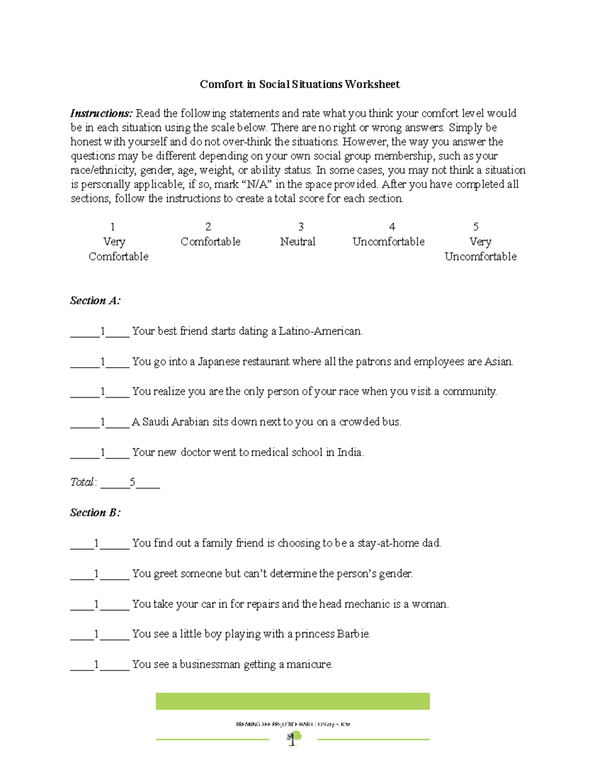 Comfort in Social Situations Student Version - Comfort in Social ...