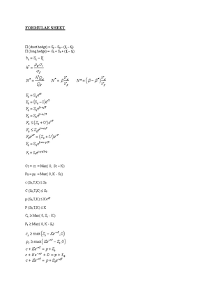 Cover page and formula sheet - FORMULAE SHEET F0 S0 e rT rT F0 =( S 0 − ...
